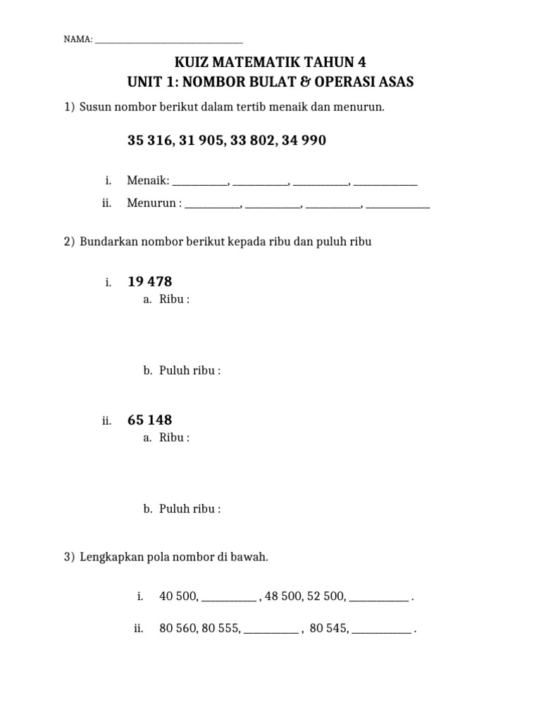 Kuiz Matematik Tahun 4 | PDF