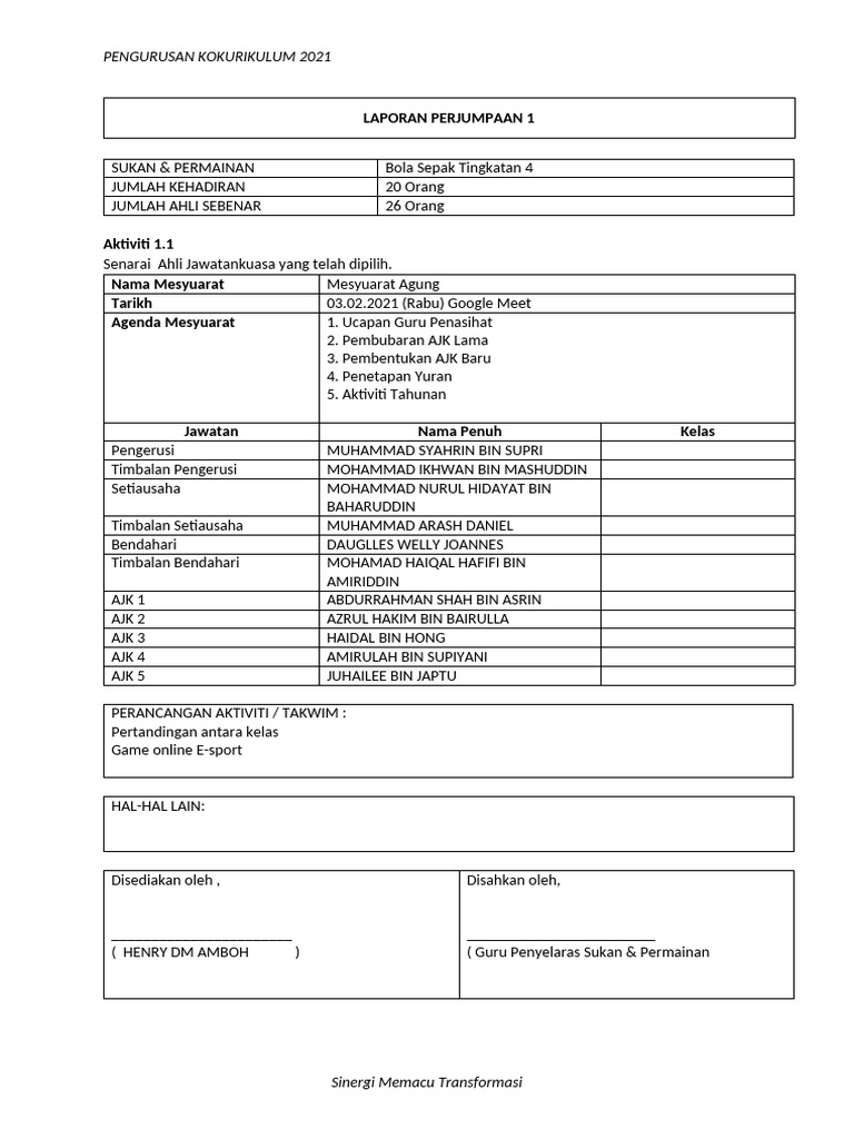 LAPORAN PERJUMPAAN 1 SP Ting 4 | PDF