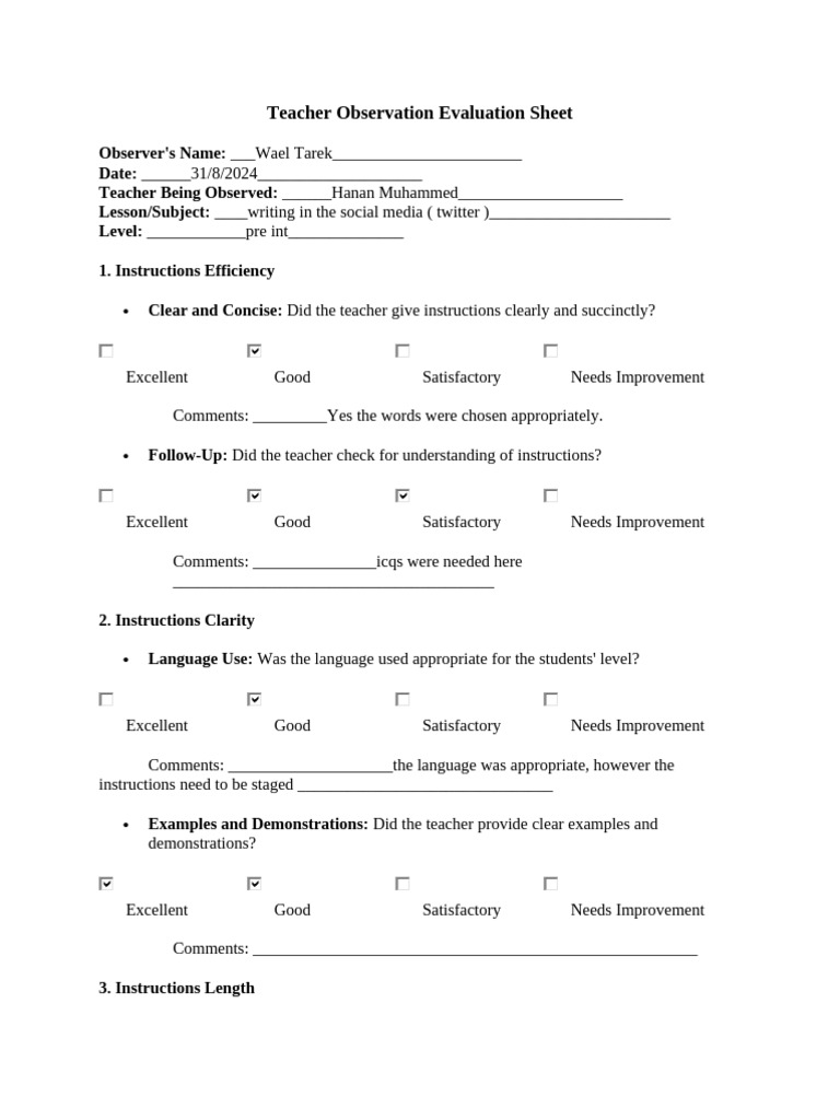 Teacher's Evaluation Sheet Hanan | PDF | Teachers | Pedagogy