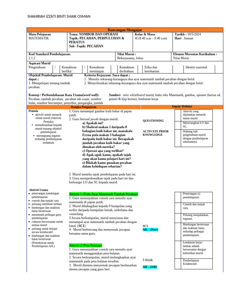 RPH Math Tahun 4 Lo 10 Mei 2024 | PDF