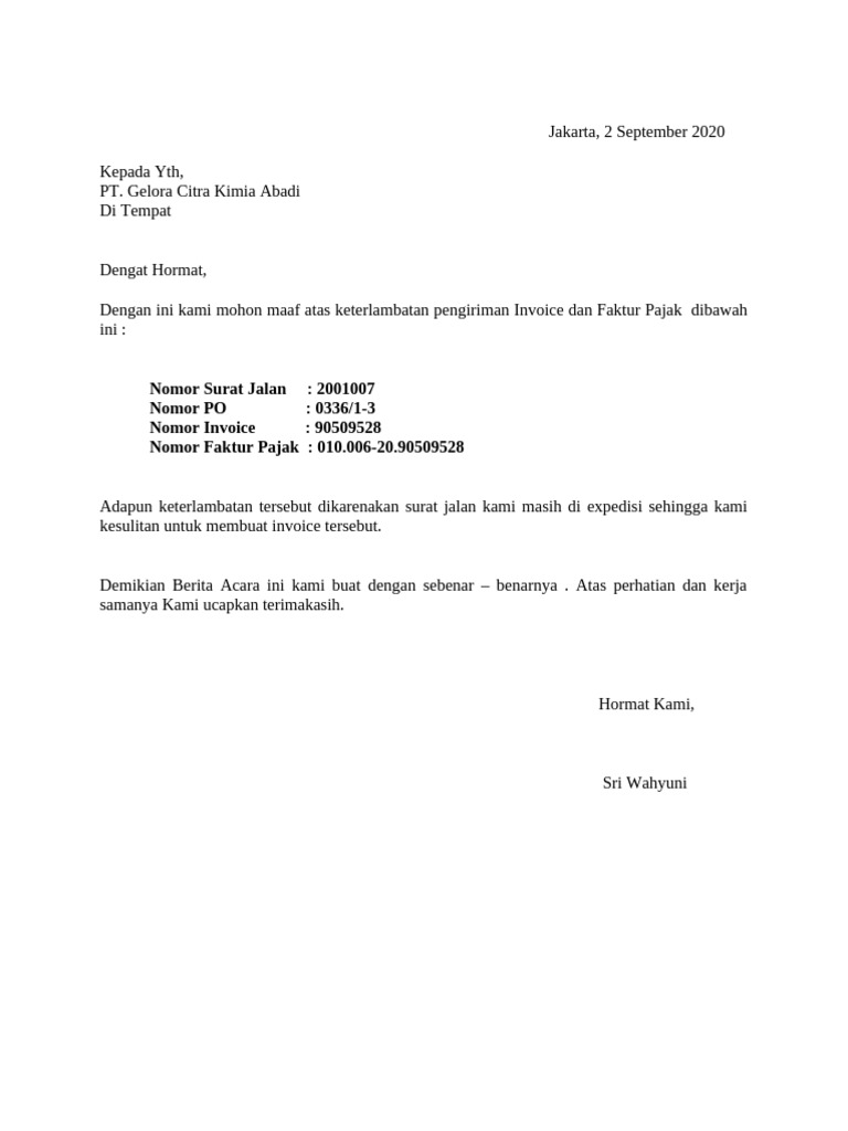 Permohonan Maaf Keterlambatan Invoice | PDF