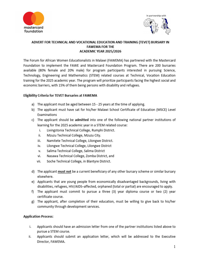 TEVET Bursary Application 2025/2026 | PDF