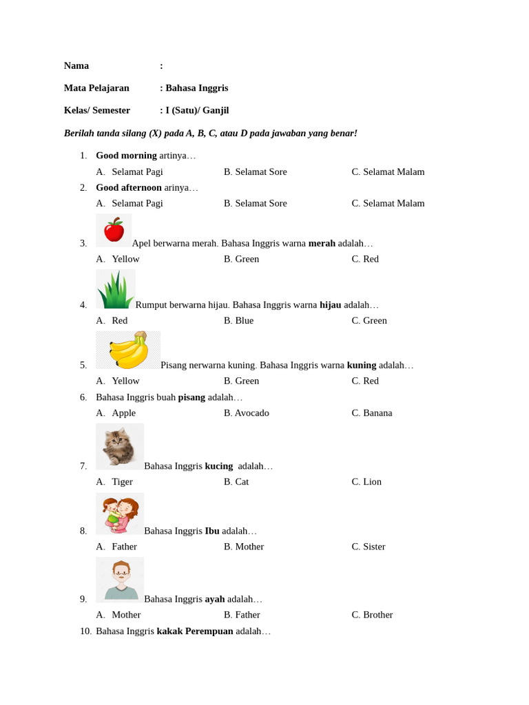 Soal BING Kelas 1 SD | PDF