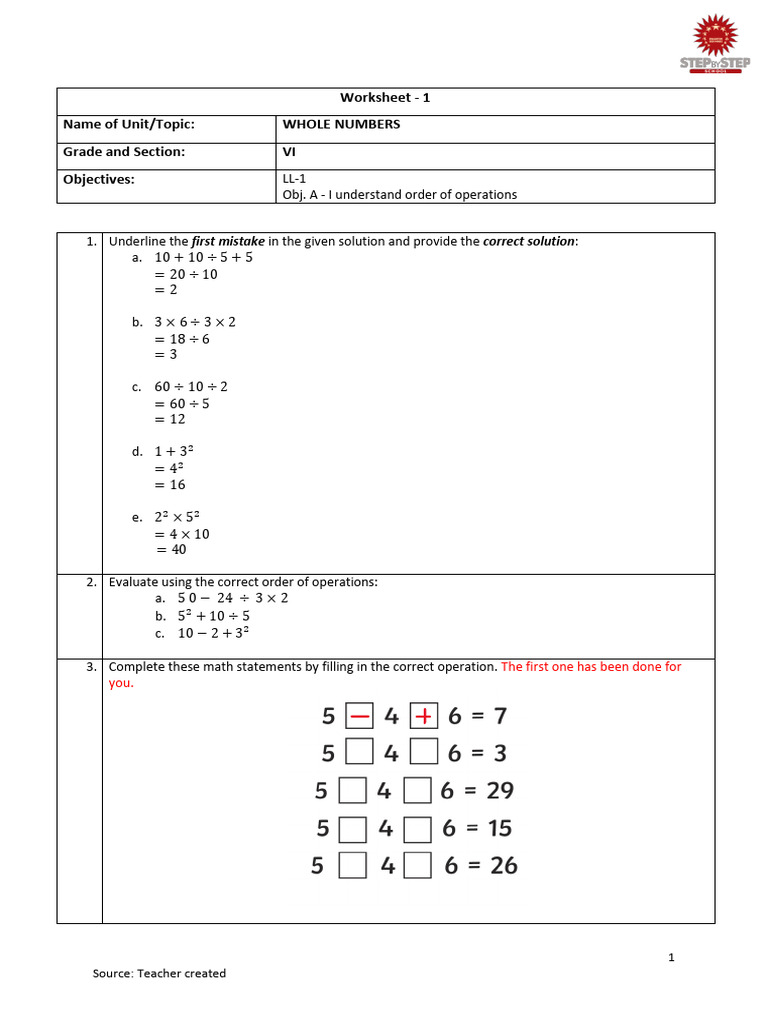 Ws-1 On Whole Numbers Grade 6 | PDF