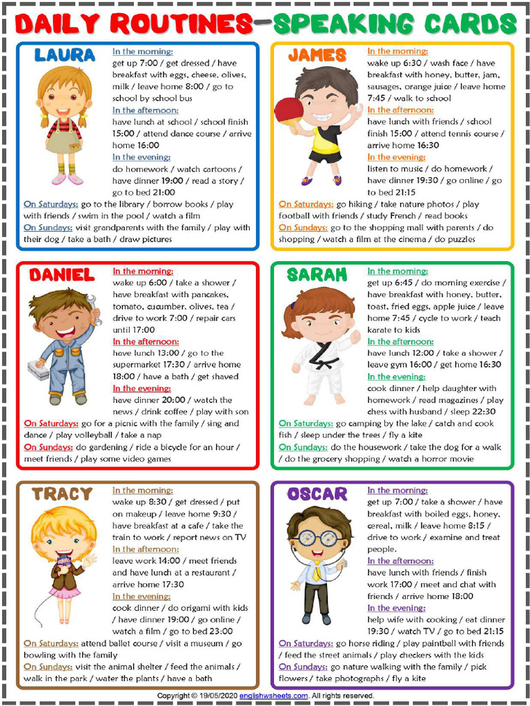 Present Simple Daily Routines Esl Printable Speaking Cards Worksheet ...