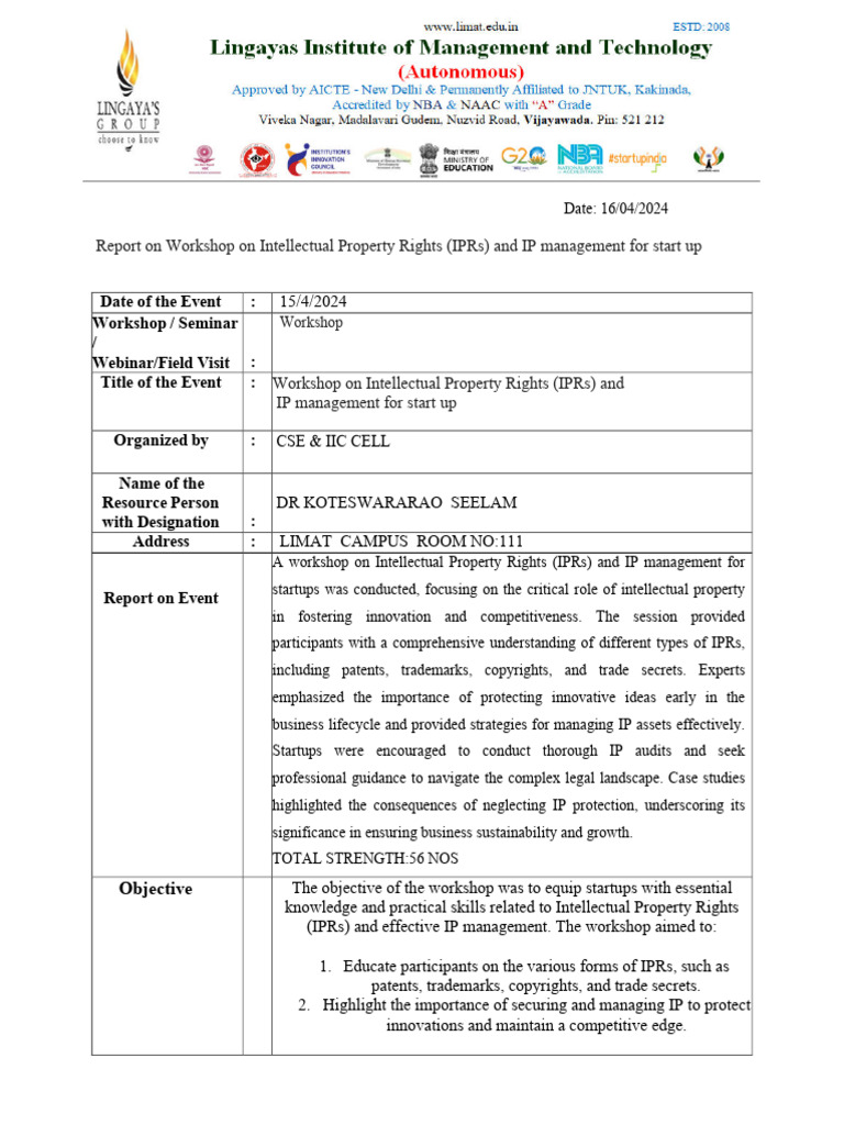 IPR EVENT -REPORT DOC | PDF | Intellectual Property | Startup Company