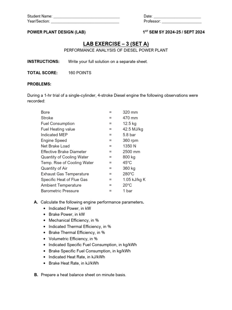 Lab Exercise 3 Diesel Power Plant | PDF | Fuel Efficiency | Diesel Engine