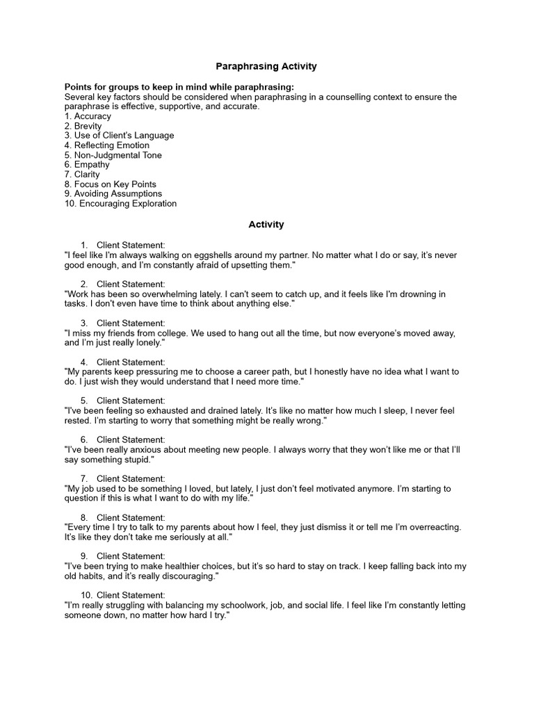 Paraphrasing Activity Student | PDF