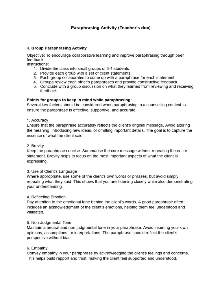 Paraphrasing Activity (Teacher's | PDF | Empathy | Feeling