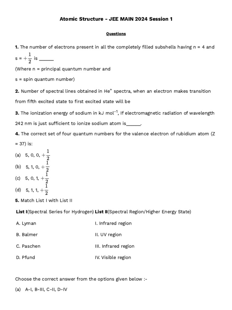 JEE Main 2024: Atomic Structure PYQs | PDF | Atomic Orbital | Physical Sciences