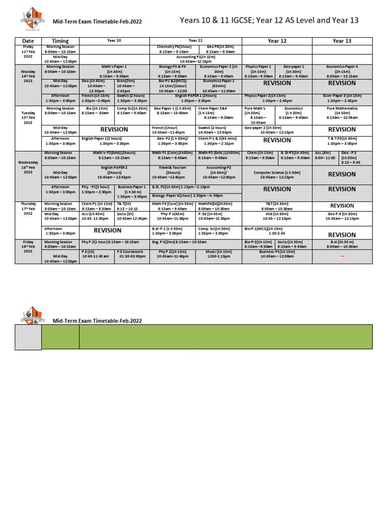 IG and A Level Mid Term Time Table-New | PDF | Mathematics