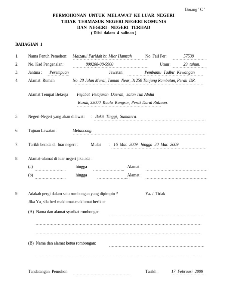 Borang Permohonan Melawat Keluar Negeri Borang C | PDF