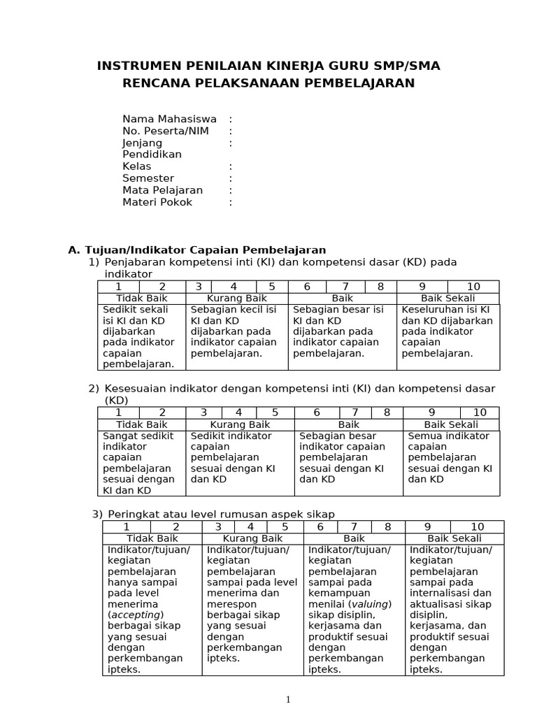 Instrumen Penilaian RPP SMP SMA Final (1) | PDF