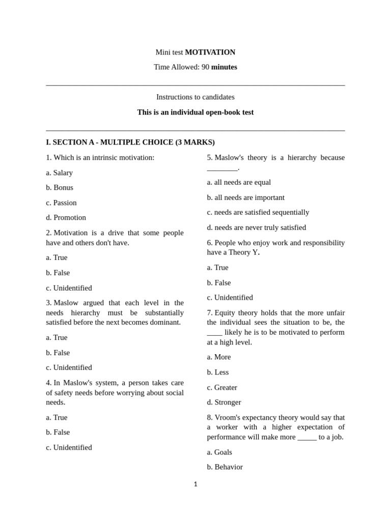 Motivation Mini Test: MCQs & Open Questions | PDF | Motivational ...