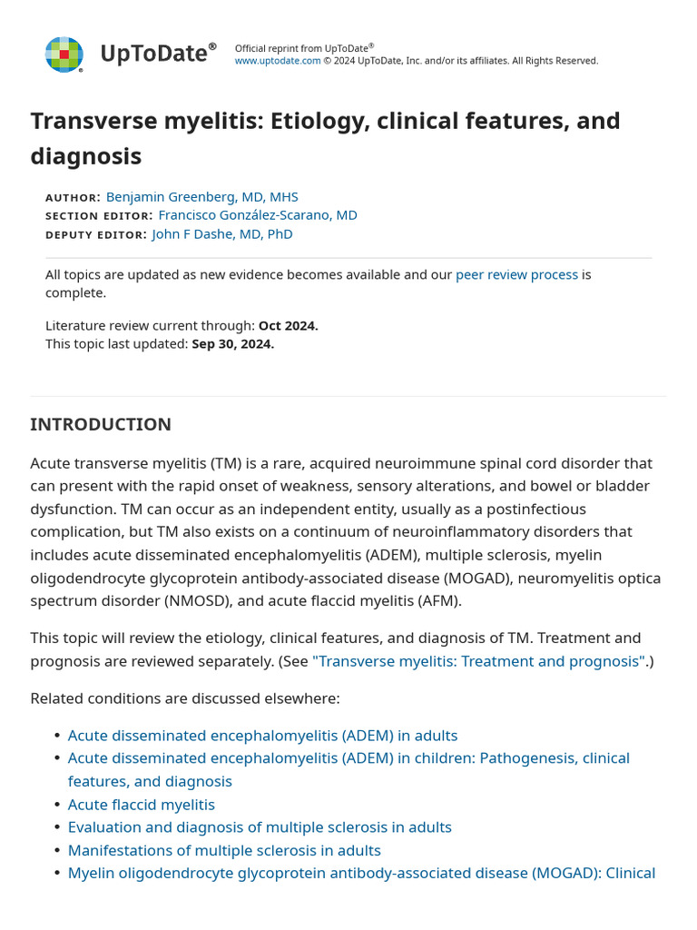 Transverse Myelitis: Etiology, Clinical Features, and Diagnosis ...