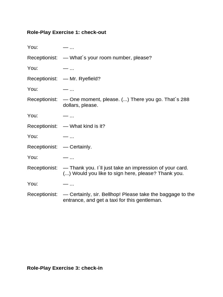 Hotel English - Check in and Check Out. Role-Play Exercises1,3 | PDF