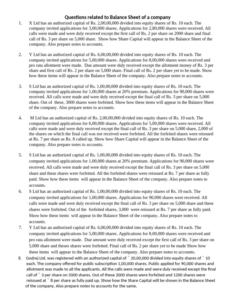 Company Acounts Balance Sheet Questions | PDF | Balance Sheet | Equity ...