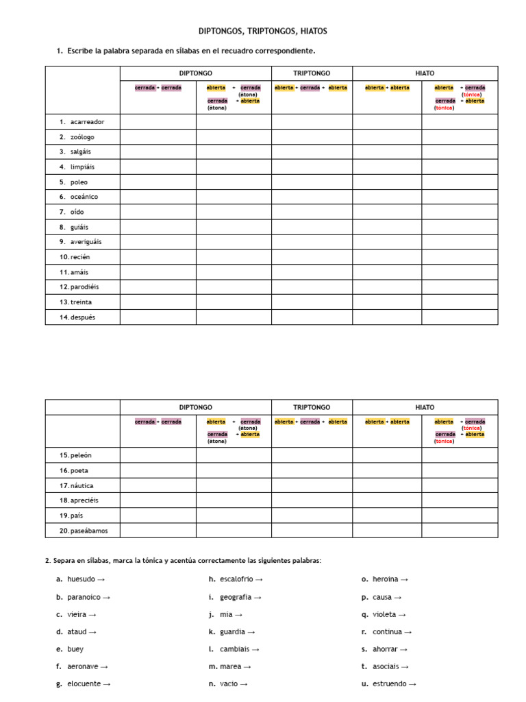 Actividad Acentuación - DIPTONGO, TRIPTONGOS, HIATOS | PDF | Fonética ...