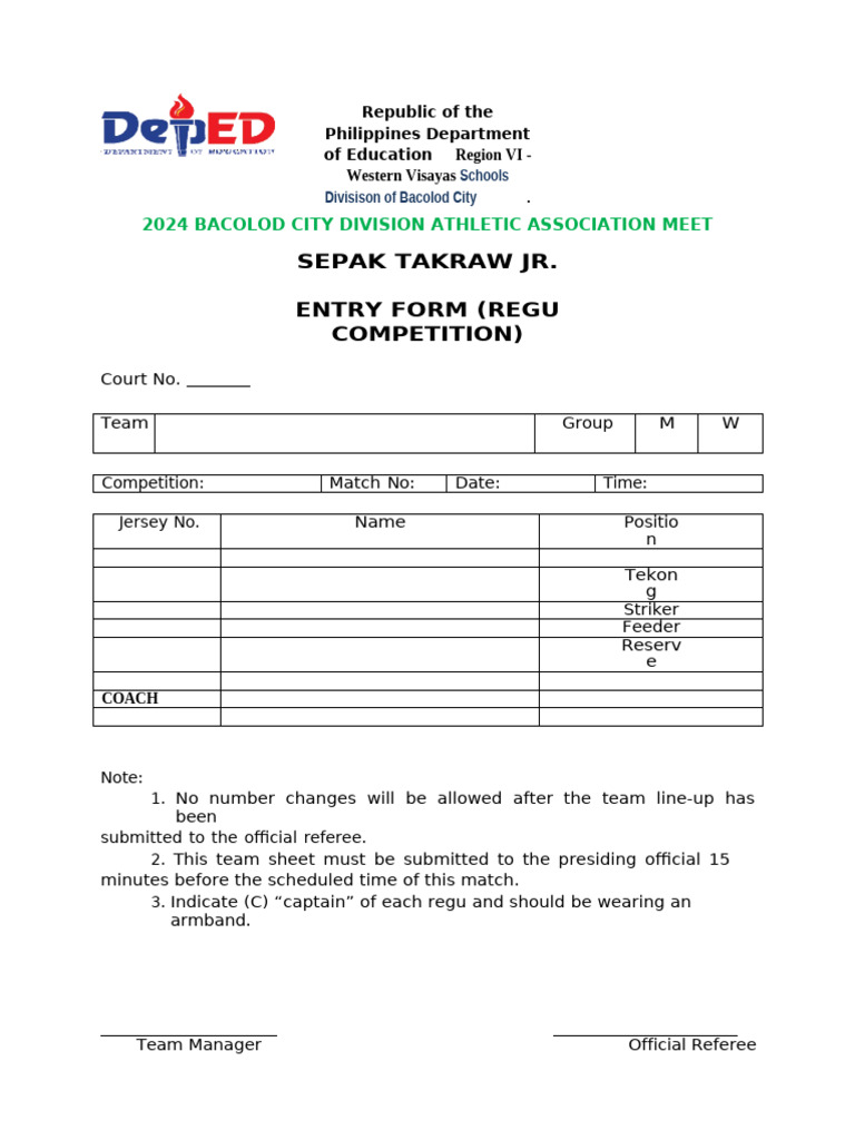 Sepak Takraw JR Entry Form | PDF