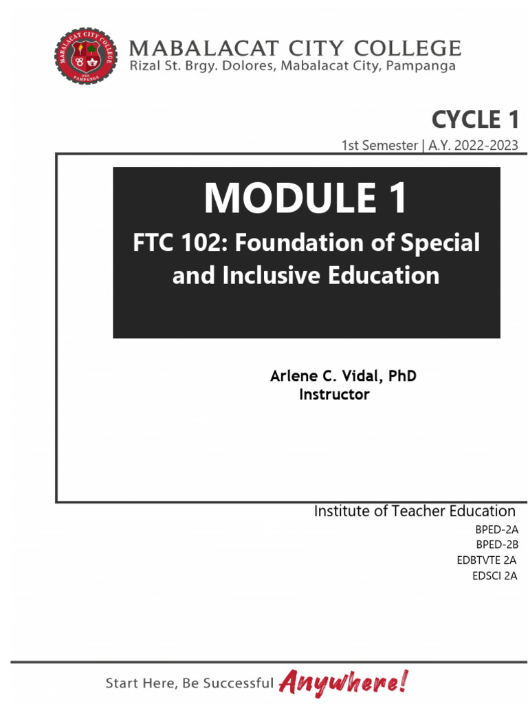 FTC 102 - MODULE 1 - Arlene Vidal | PDF | Inclusion (Education) | Special Education