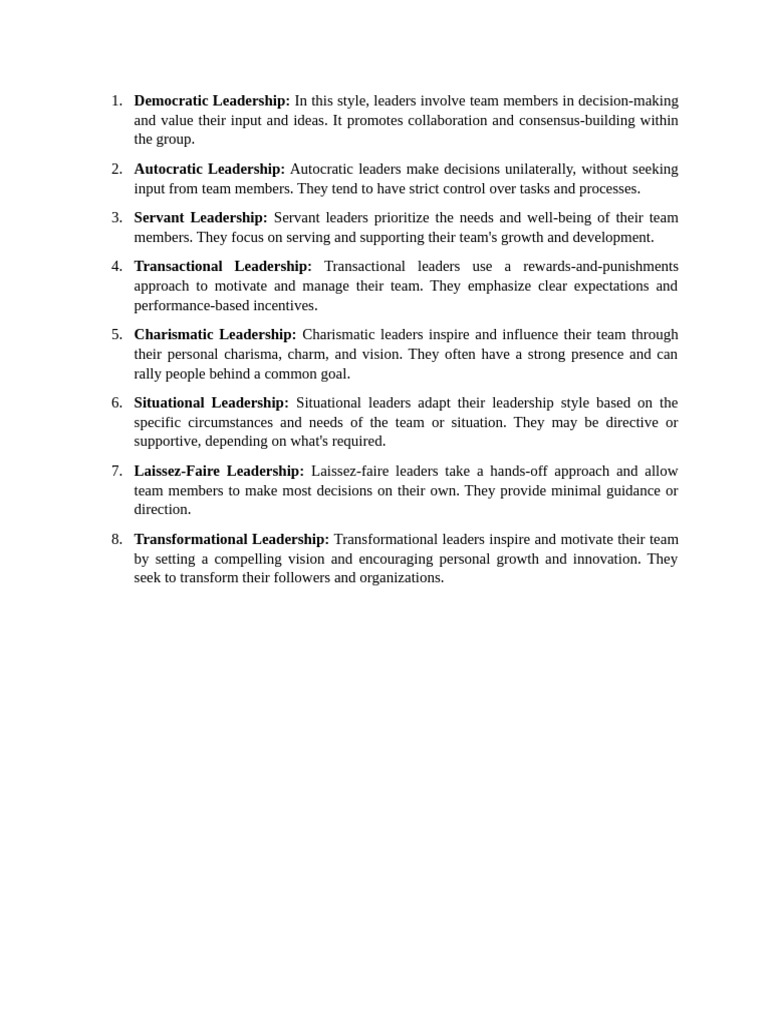 Leadership styles - short descriptions(1) | PDF
