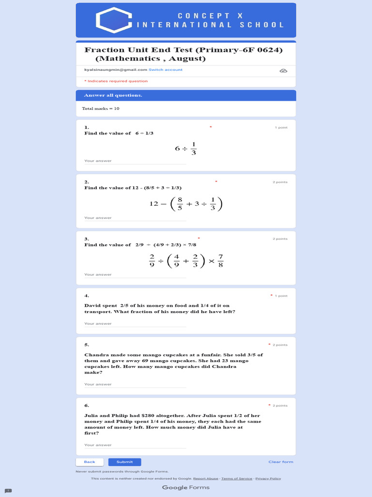Primary Math Fraction Test | PDF