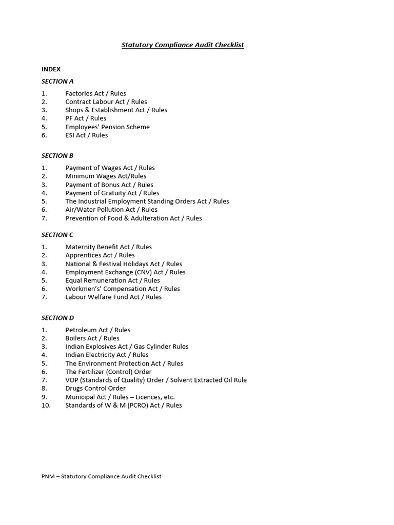 HR Statutory Compliance Audit Checklist = PNM 2 | PDF | Employment ...
