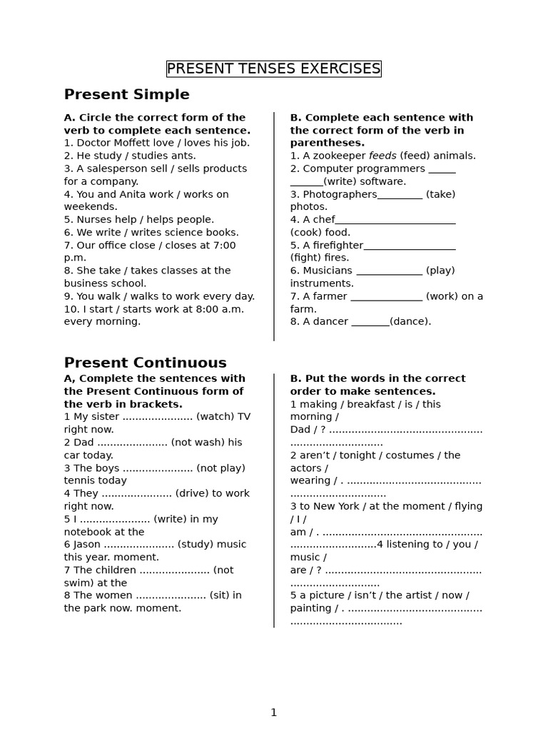 Present Tenses Exercises | PDF