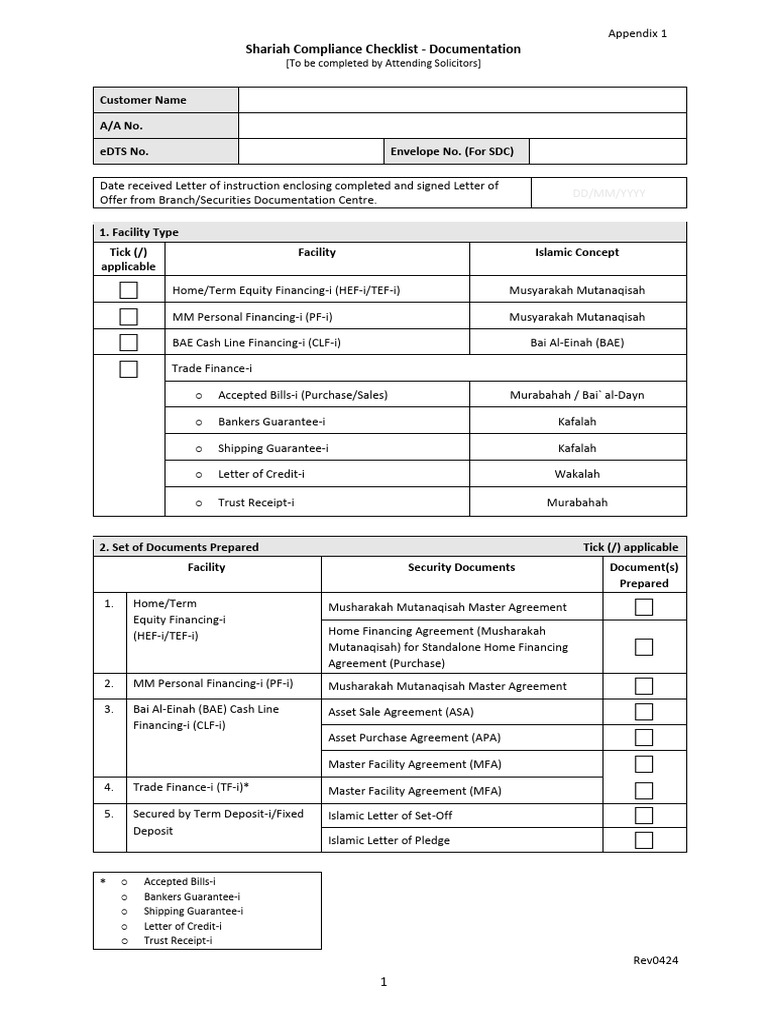 Apx 1 - Shariah Compliance Checklist - Documentation v2 | PDF | Islamic ...