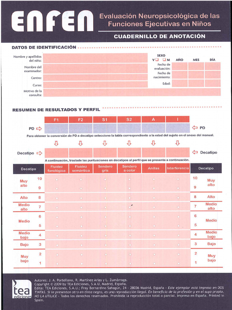 Enfen Cuadernillo de Anotación (Eval. Neuropsicológica de Las Funciones Ejecutivas en Niños) | PDF