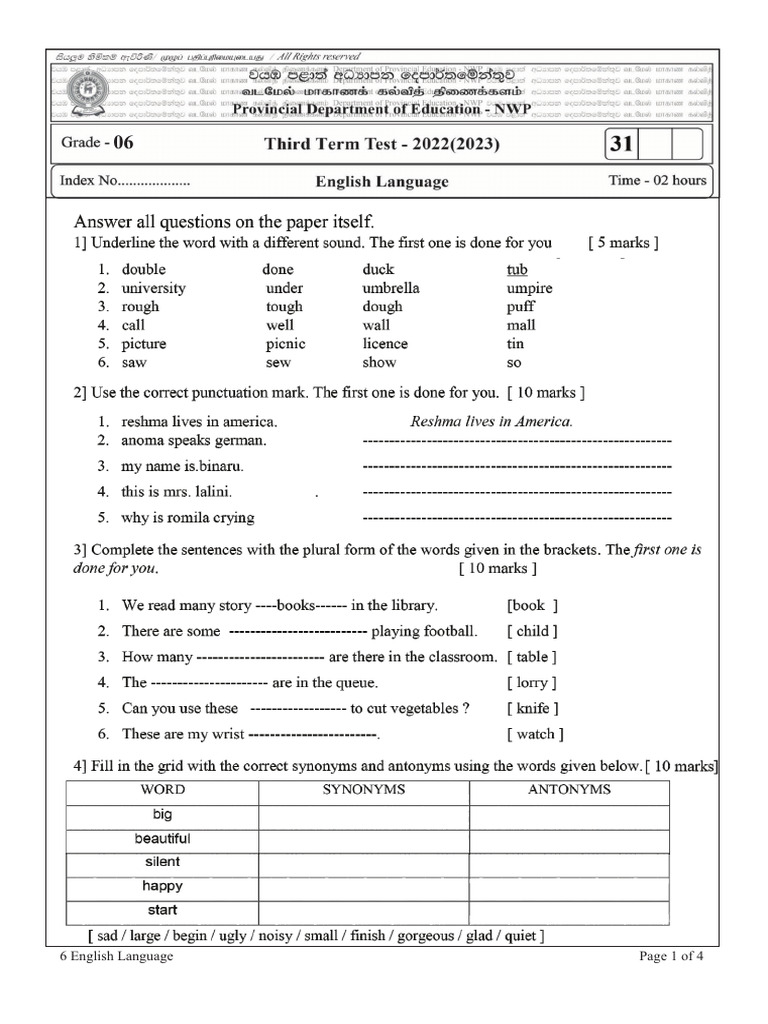 2022 Grade 06 English 3rd Term Test Paper With Answers North Western ... 2022 Grade 06 English 3rd Term Test Paper With Answers North Western ...