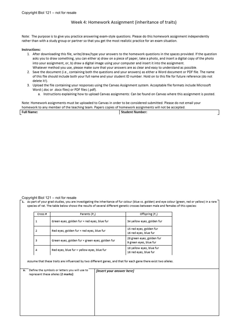 Week 4 - Homework Assignment (Inheritance of Traits) | PDF | Genotype | Dominance (Genetics)