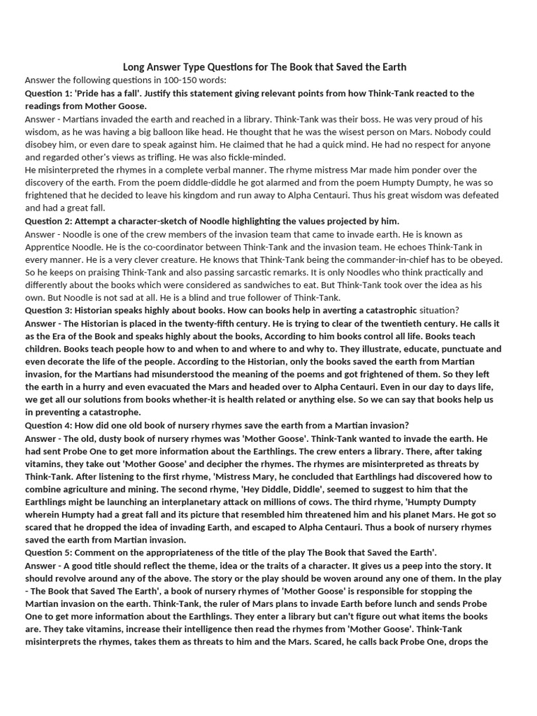 Long Answer Type Questions For The Book That Saved The Earth | PDF ...