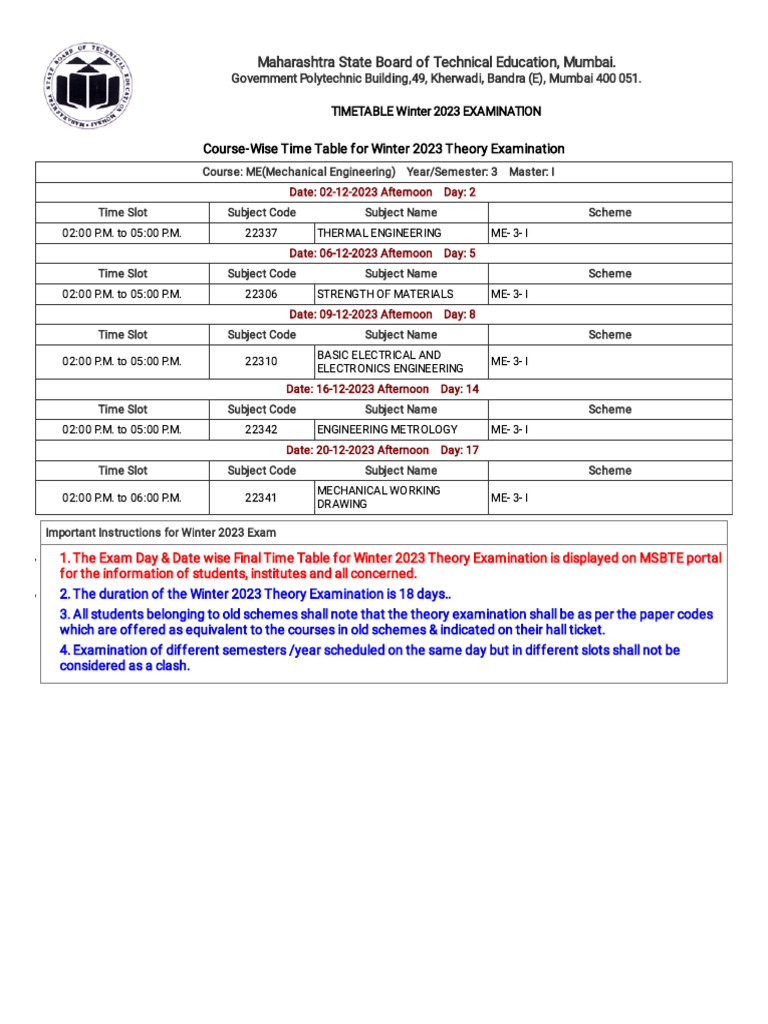 Time Table For Winter 2023 Theory Examination | PDF | Engineering