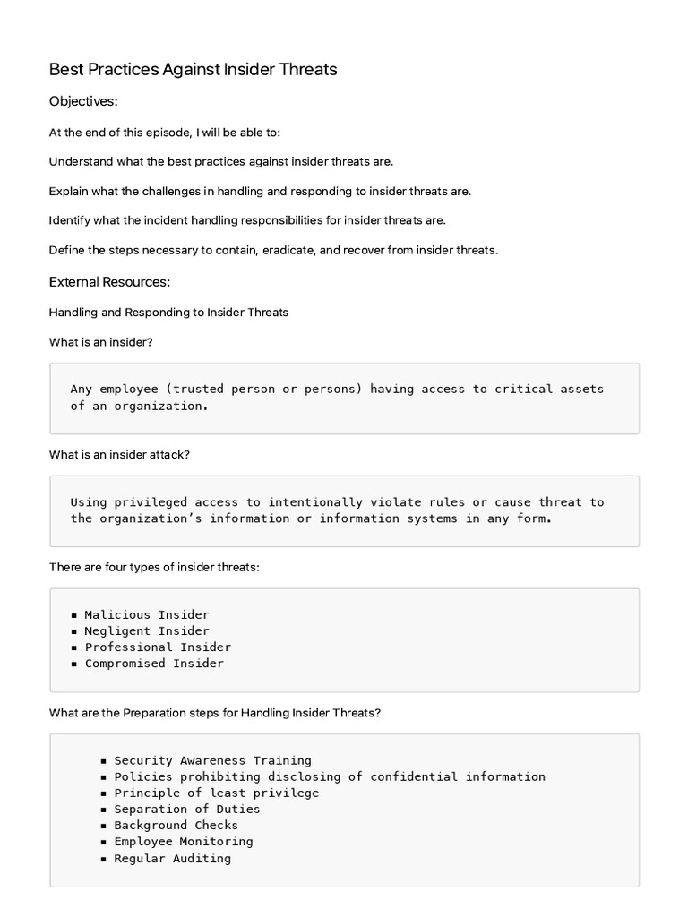 Eccouncil Ecihv2 9 1 1 Best Practices Against Insider Threats | PDF ...