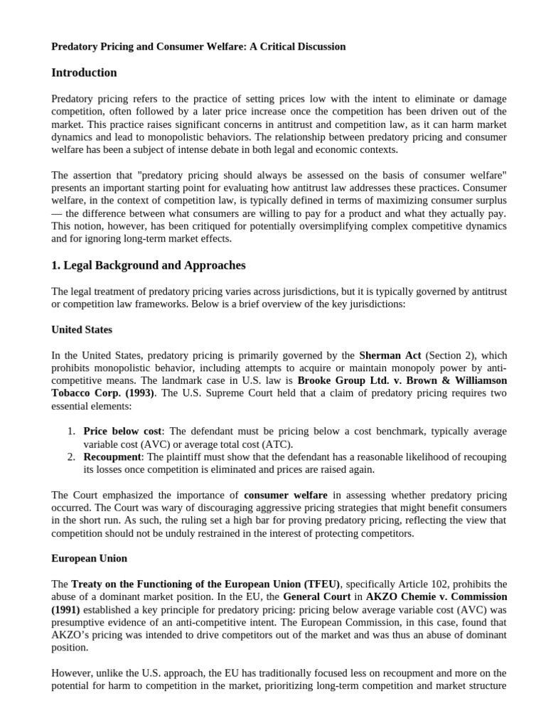 Predatory Pricing and Consumer Welfare | PDF | Competition Law | United ...