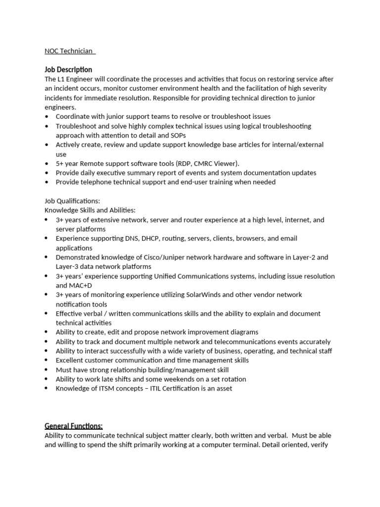NOC Analyst JD | PDF | Computer Network | Communication