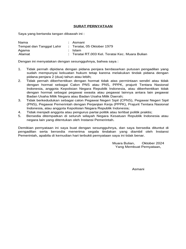 Surat Pernyataan Asmani | PDF