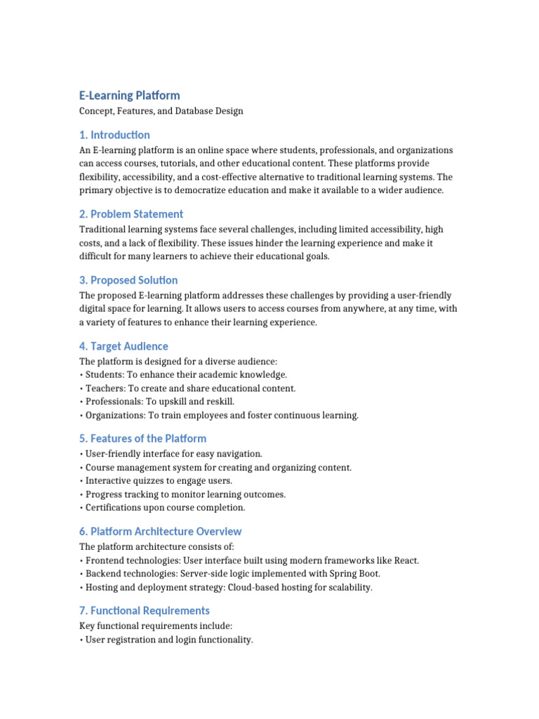 E-Learning Platform Document | PDF | Educational Technology | Databases