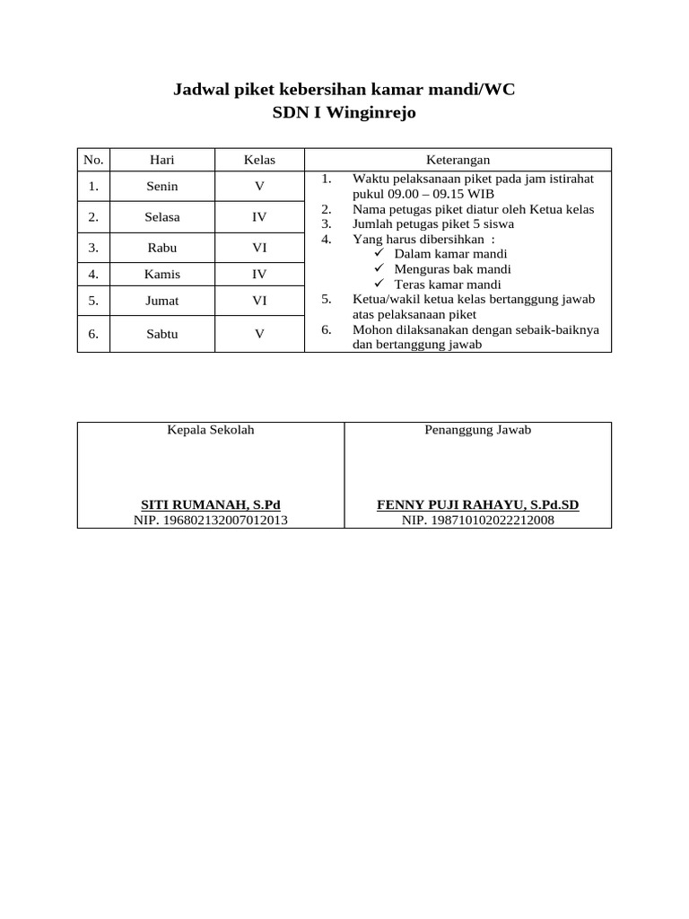 Jadwal Piket Kebersihan Kamar Mandi | PDF
