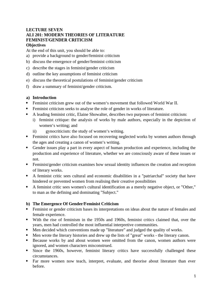 Lecture 7 - Feminist Gender Criticism | PDF | Gender Studies | Feminism