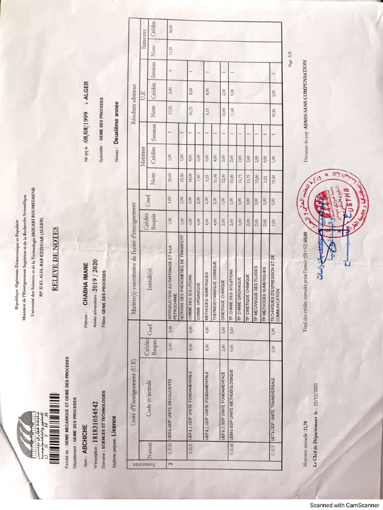 Relevé de Note Licence 2018 - 2019 - Compressed | PDF