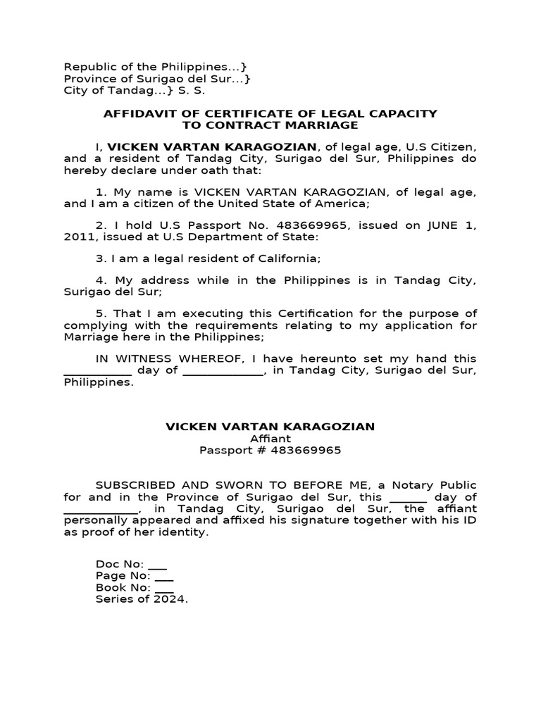 Affidavit of Certificate of Legal Capacity To Marriage | PDF
