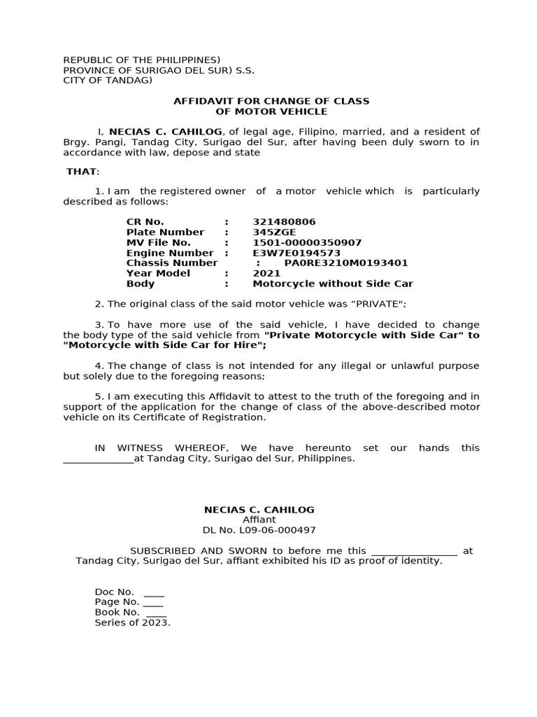 Motorcycle Class Change Affidavit | PDF