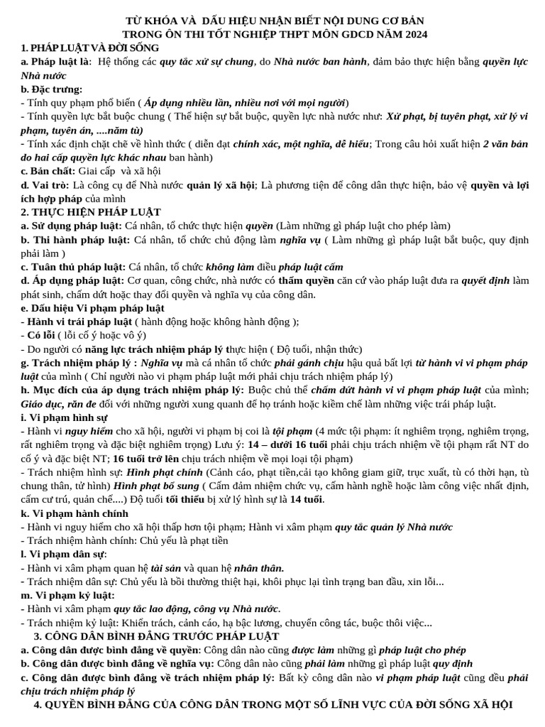 2024 - TỪ KHÓA VÀ DẤU HIỆU NHẬN BIẾT GDCD 12 | PDF