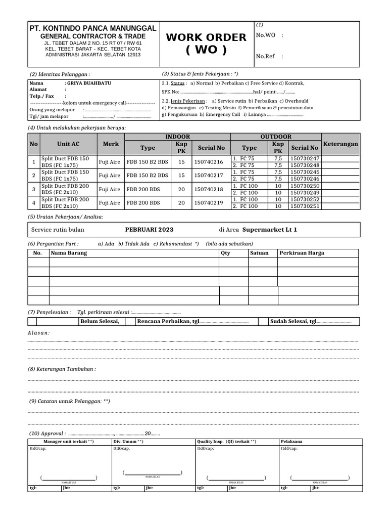 Work Order Service AC Griya Buahbatu | PDF