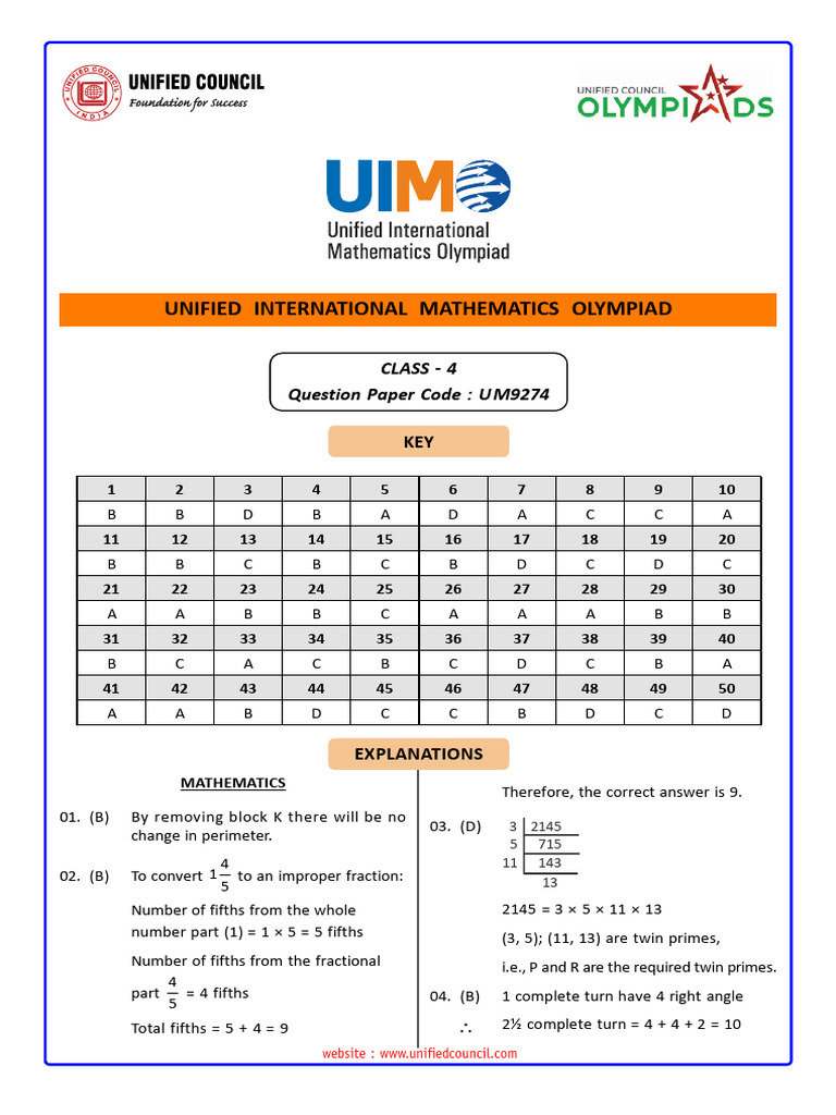 CL - 4 - UIMO-2024-Paper-9274 Key | PDF | Elementary Mathematics ...