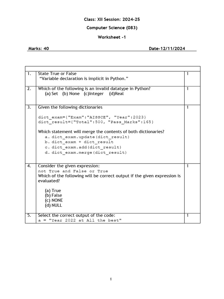12th CS Worksheet-1 12 Nov | PDF | Computing | Databases