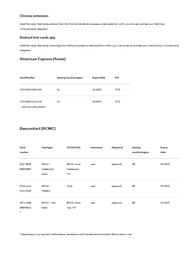 Test Card Numbers - Adyen Docs 003 | PDF | Debit Card | Visa Inc.