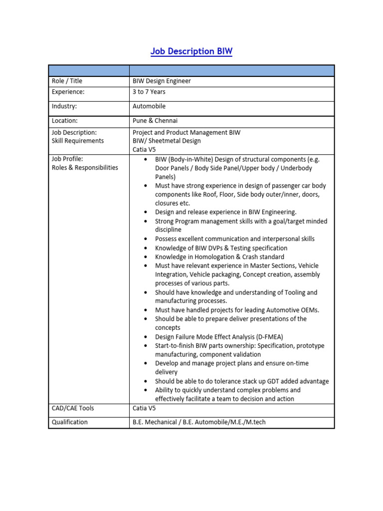 Job Description BIW Design Engineer | PDF | Engineering